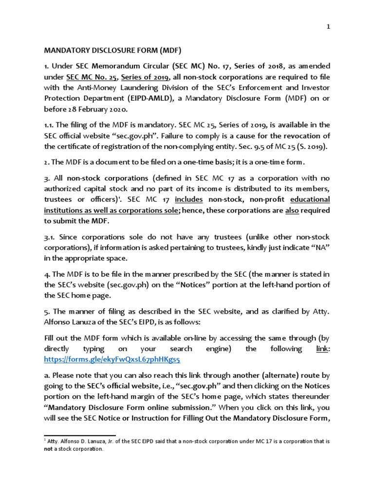 Mandatory Disclosure Form (MDF) | PDF | U.S. Securities And Exchange ...