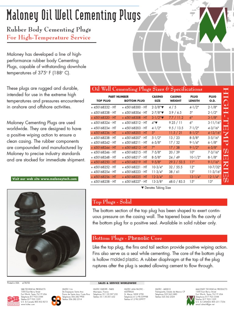Oil Well Cementing Plugs Hi-Temp | PDF | Casing (Borehole) | Industrial ...