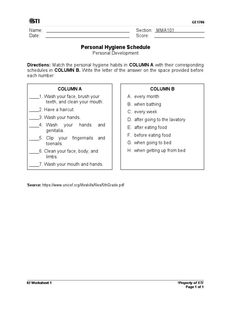 Personal Hygiene Matching Worksheet | PDF | Wellness