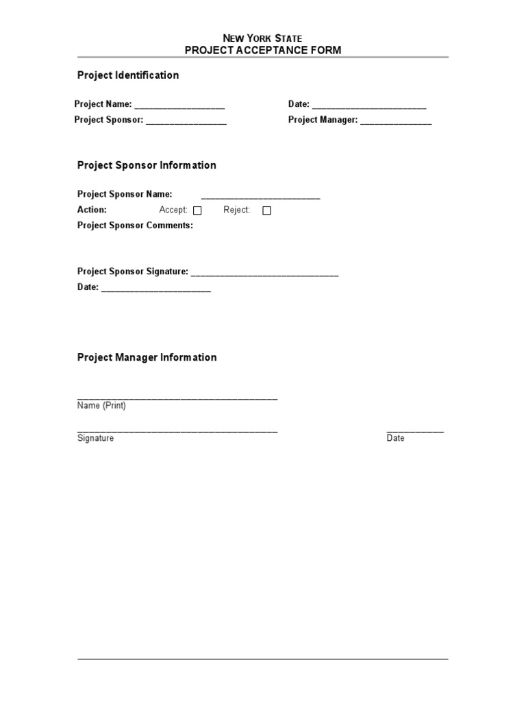 N Y S Project Acceptance Form Project Identification: Accept: Reject | PDF