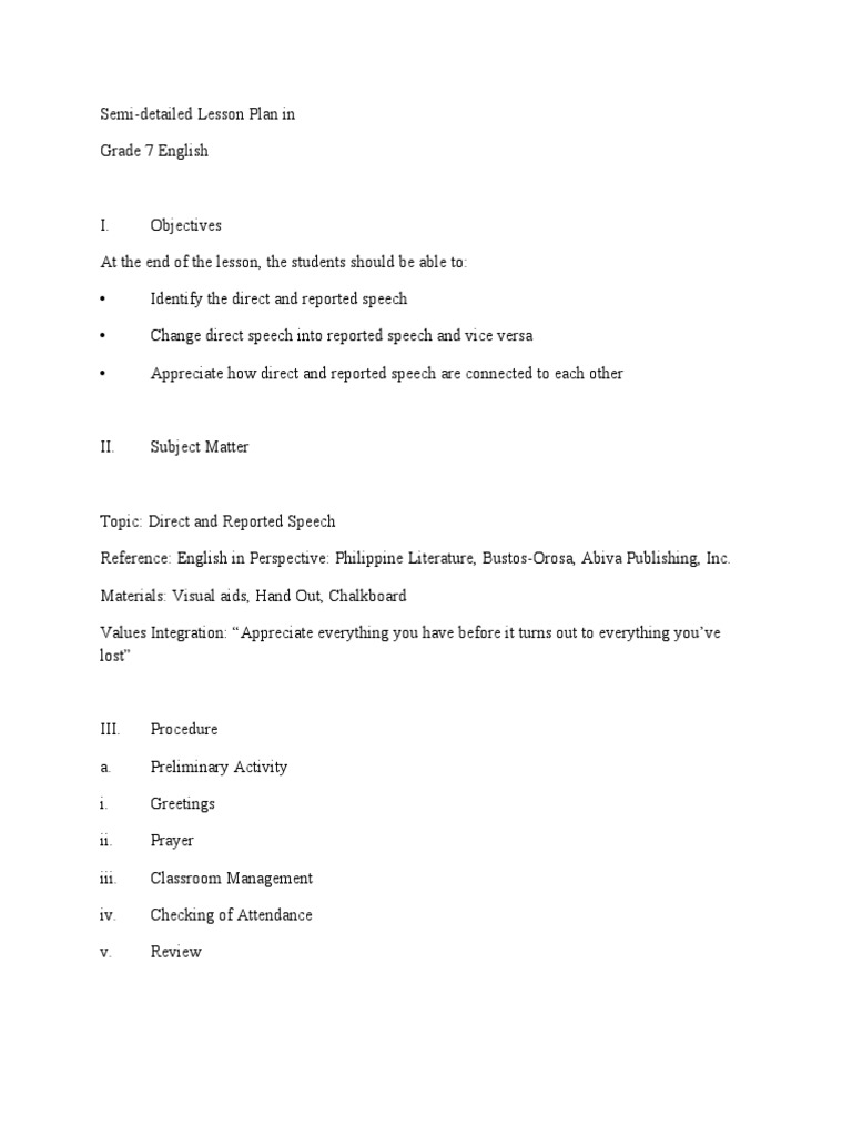 Grade 7 Lesson Plan: Reported Speech | PDF | Interview | Question