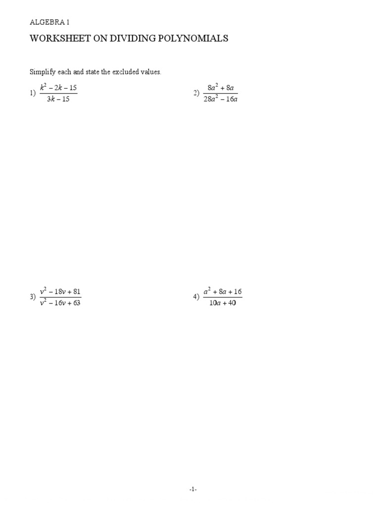 Worksheet On Dividing Polynomials | PDF | Teaching Mathematics