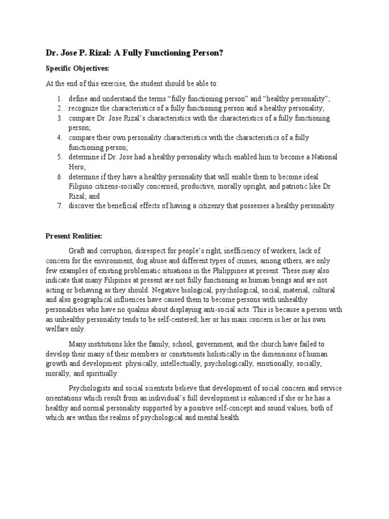 Dr. Jose P. Rizal A Fully Functioning Person | PDF | Psychology ...