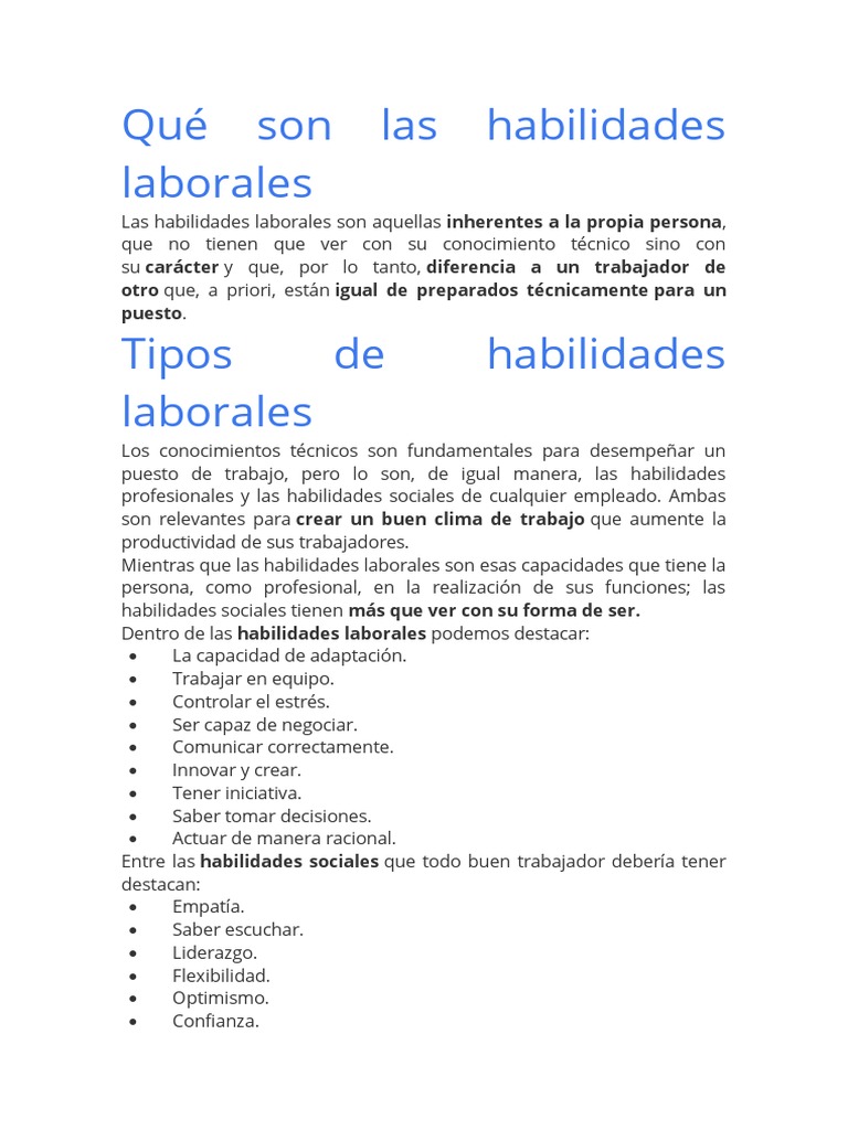 Qué Son Las Habilidades Laborales | PDF | Gestión de recursos humanos ...