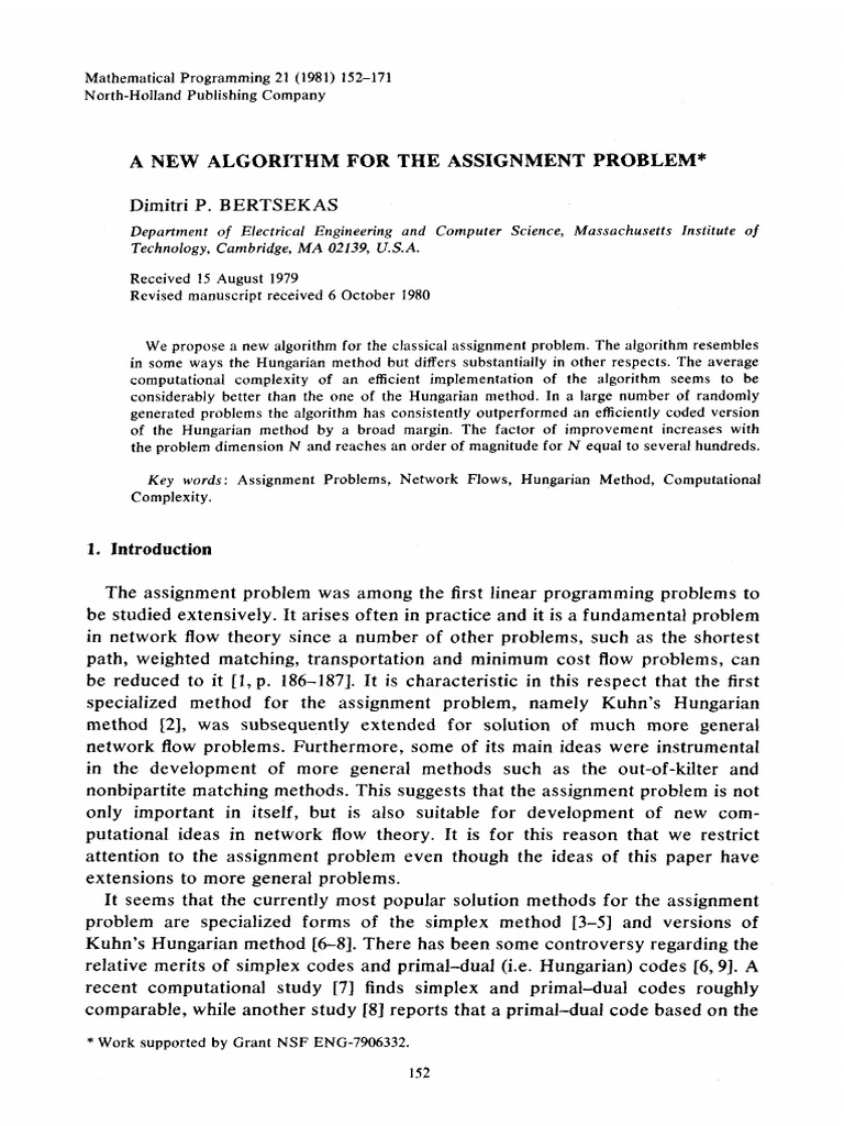 Bertsekas A New Algorithm Assignment Problem Mathematical Programming 1981 | PDF | Computational ...