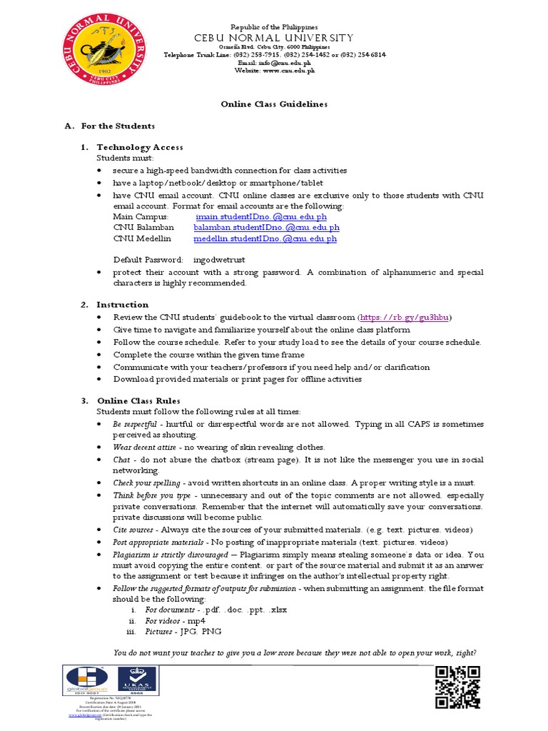 Online Class Guidelines A. For The Students 1. Technology Access | PDF ...