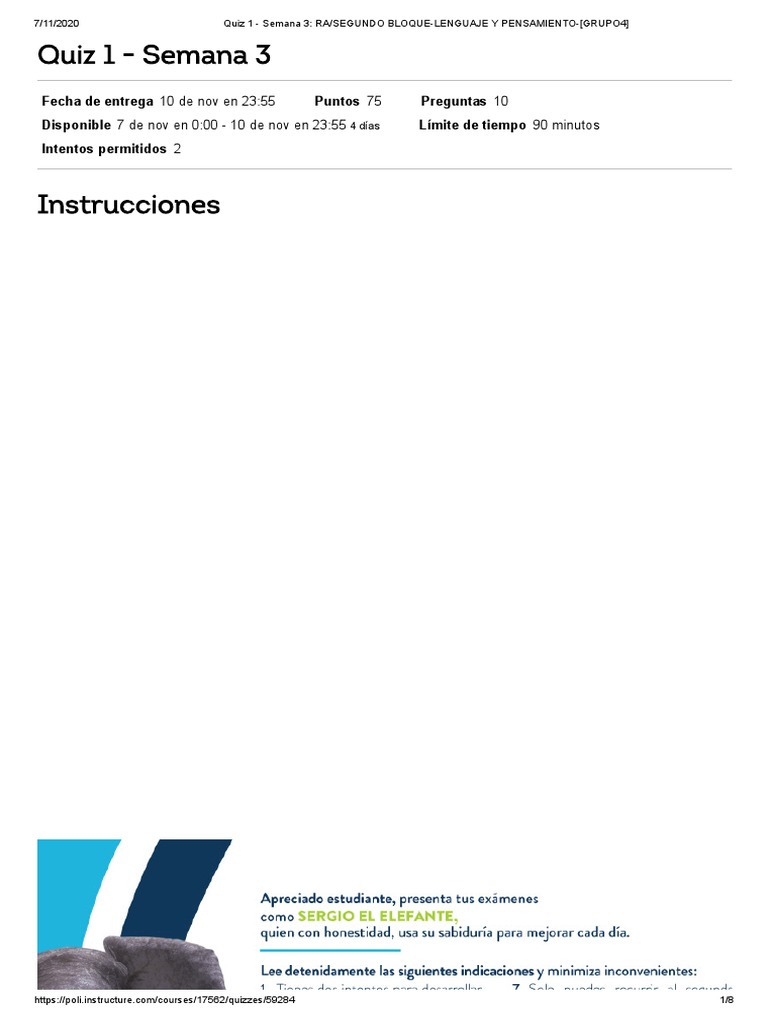 Quiz 1 - Semana 3 Lenguaje y Pensamiento | PDF | Palabra | Mente Quiz 1 - Semana 3 Lenguaje y Pensamiento | PDF | Palabra | Mente