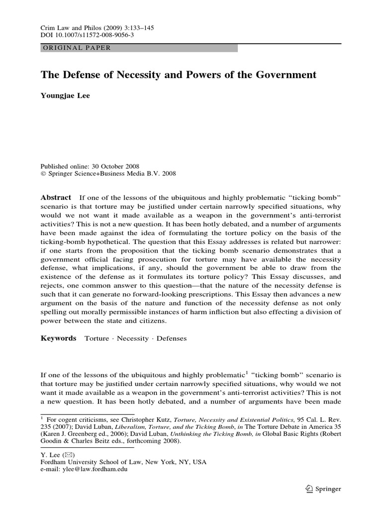 Necessity Defense and Torture Policy | PDF | Torture | Crime & Violence