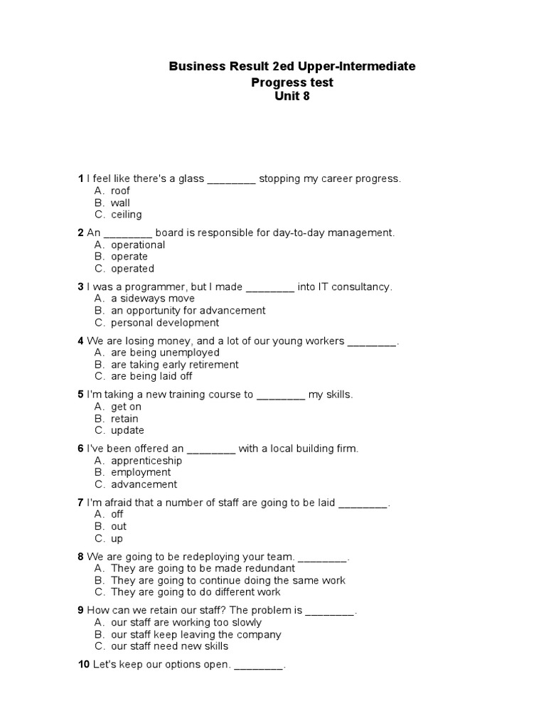 Business Result 2ed Upper-Intermediate Progress Test Unit 8 | PDF ...