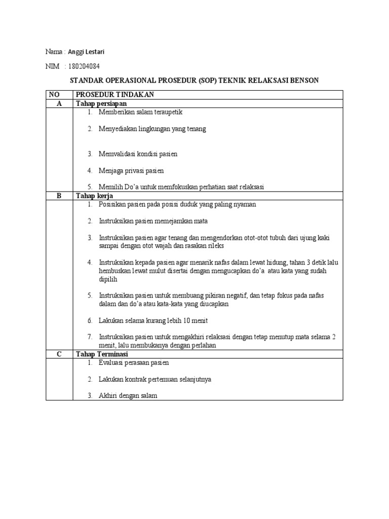 SOP Teknik Relaksasi Benson | PDF