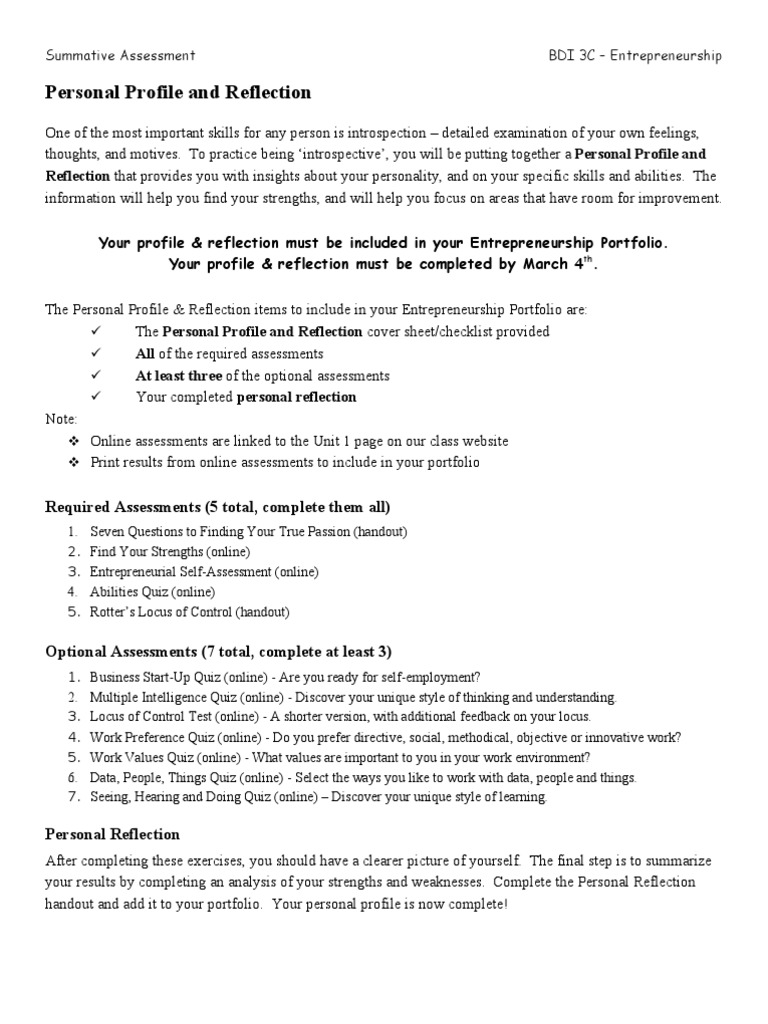 Personal Profile for Entrepreneurship Portfolio | PDF ...