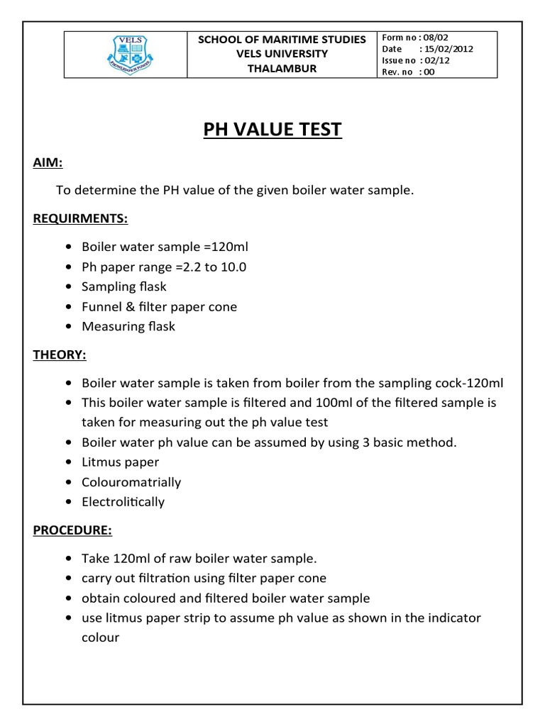 PH Value Test: School of Maritime Studies Vels University Thalambur | PDF
