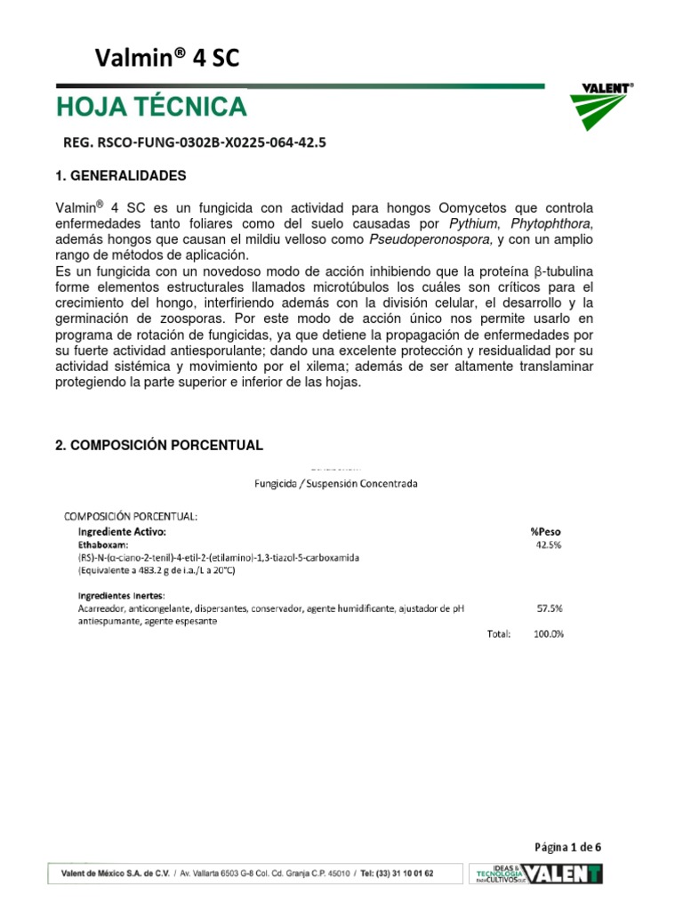 FICHA TECNICA VALMIN 4 SC Enero 27 | PDF | Fungicida | Agua