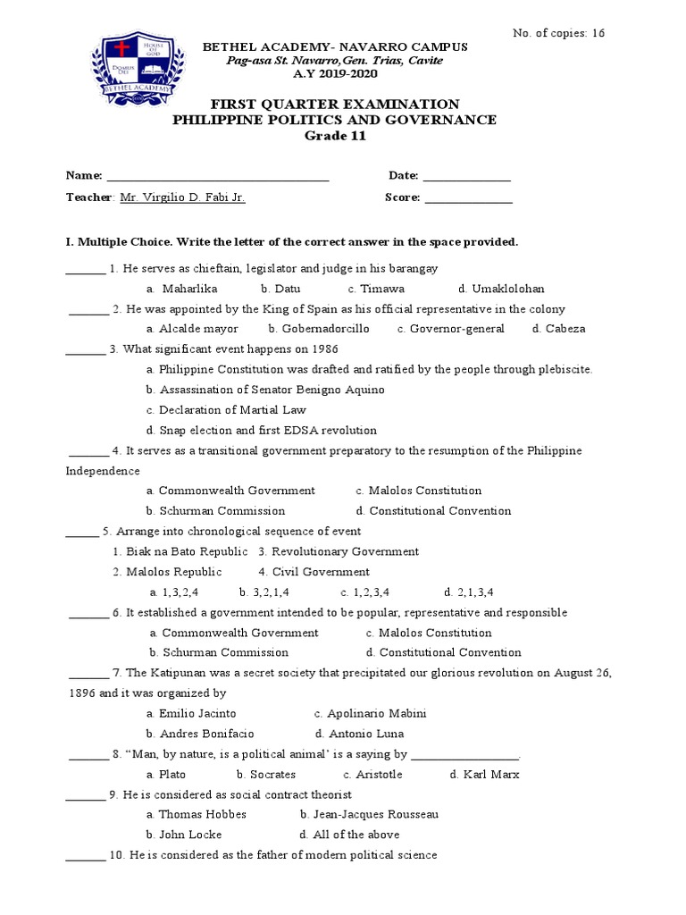 Grade 11 PPG 1st Quarter Exam Reviewer | PDF | Liberalism | Government