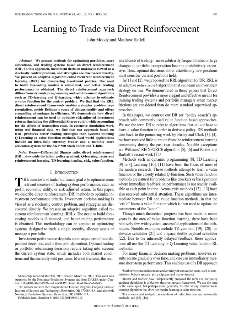 Learning To Trade Via Direct Reinforcement | PDF | Option (Finance ...