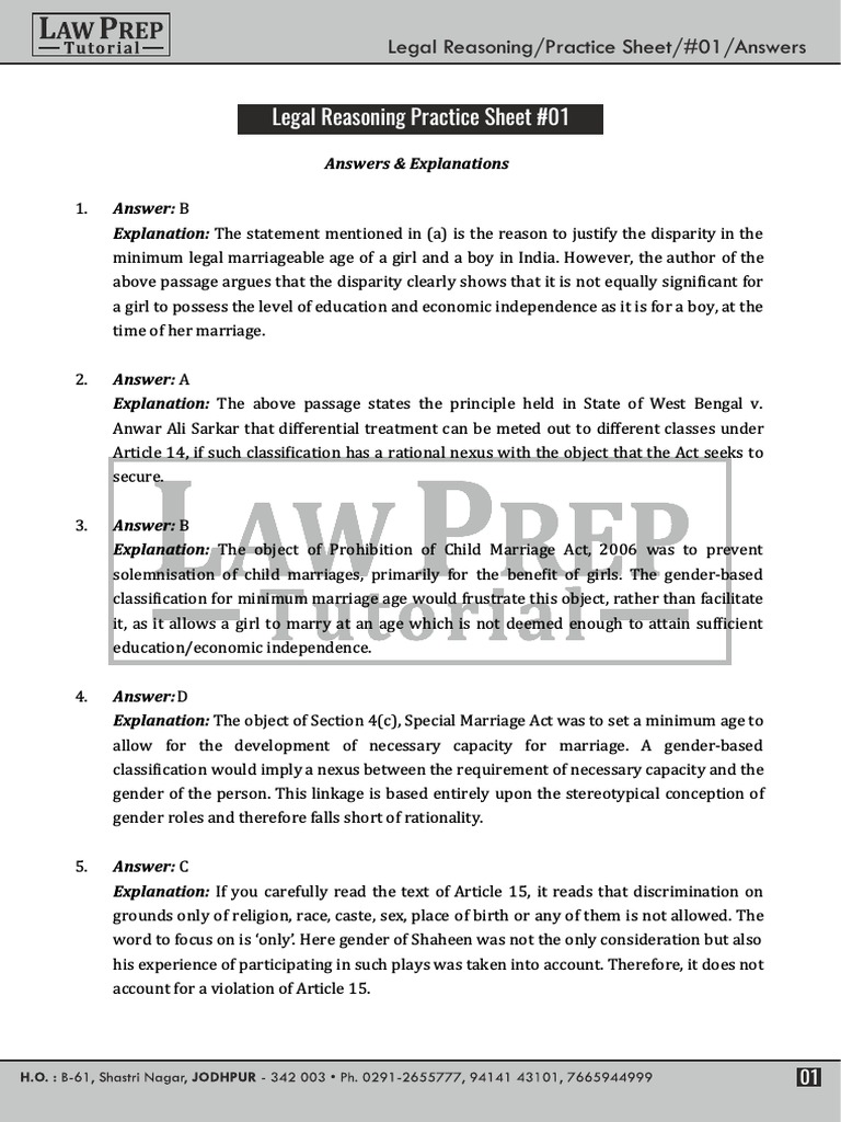 Legal Reasoning/Practice Sheet/#01/Answers | PDF | Marriage ...