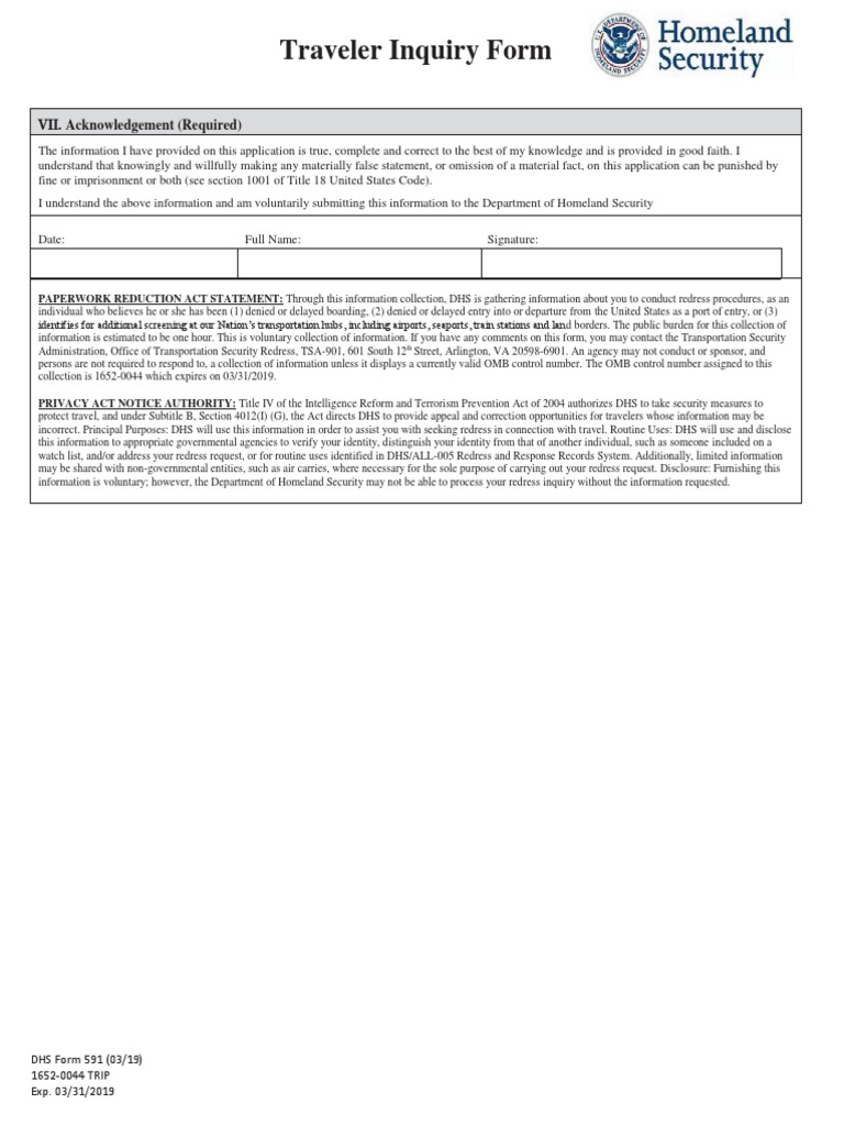 TIF Acknowledgment Page DHS Form 591 | PDF | United States Department ...