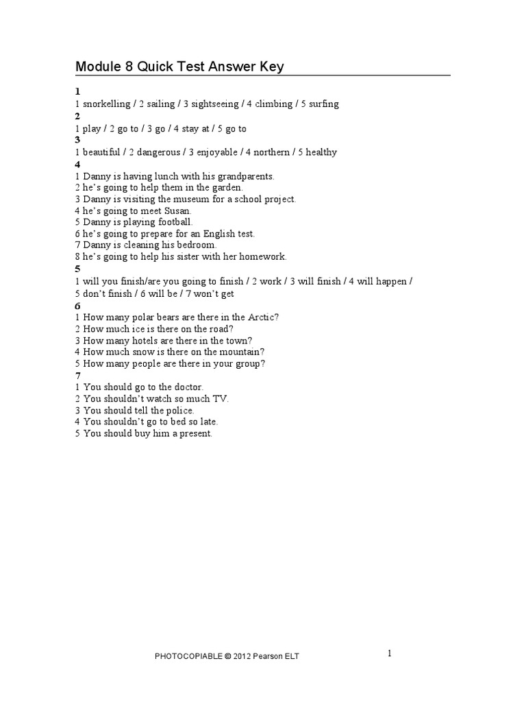 Module 8 Quick Test Answer Key: PHOTOCOPIABLE © 2012 Pearson ELT | PDF