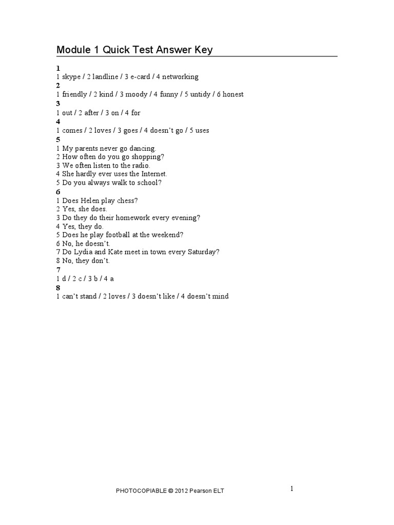 Module 1 Quick Test Answer Key: PHOTOCOPIABLE © 2012 Pearson ELT | PDF