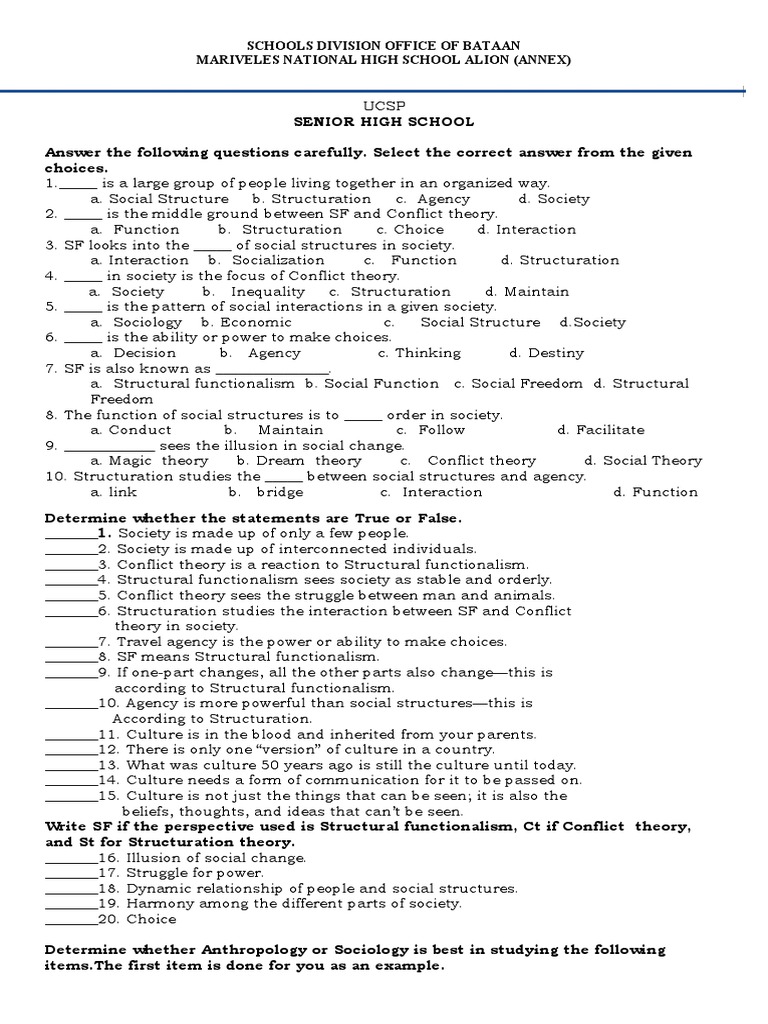 Grade 12 Summative Test in Ucsp | PDF | Social Structure | Sociology