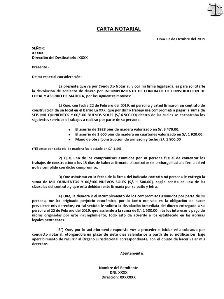 Cartas notariales solicitando el cumplimiento de obligaciones contractuales | PDF | Arbitraje ...