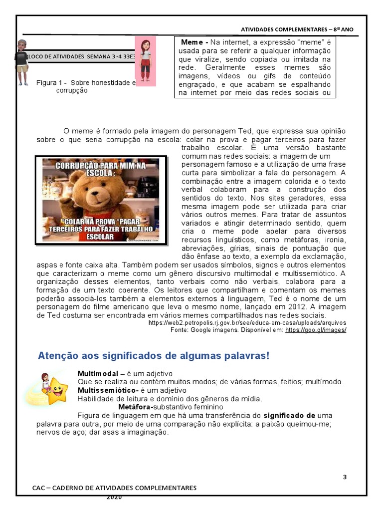 Atividades 8°ano Memes | PDF | Preposição e Posposição | Comunicação Humana