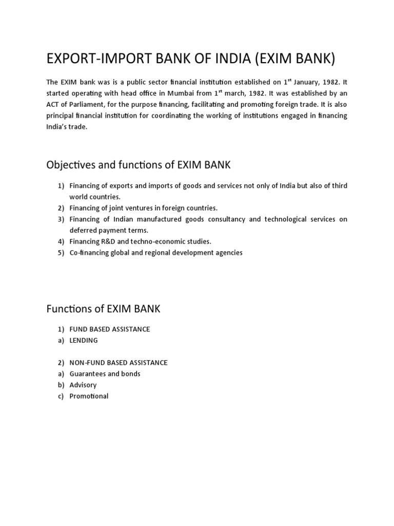 Export-Import Bank of India (Exim Bank) | PDF | Finance & Money ...