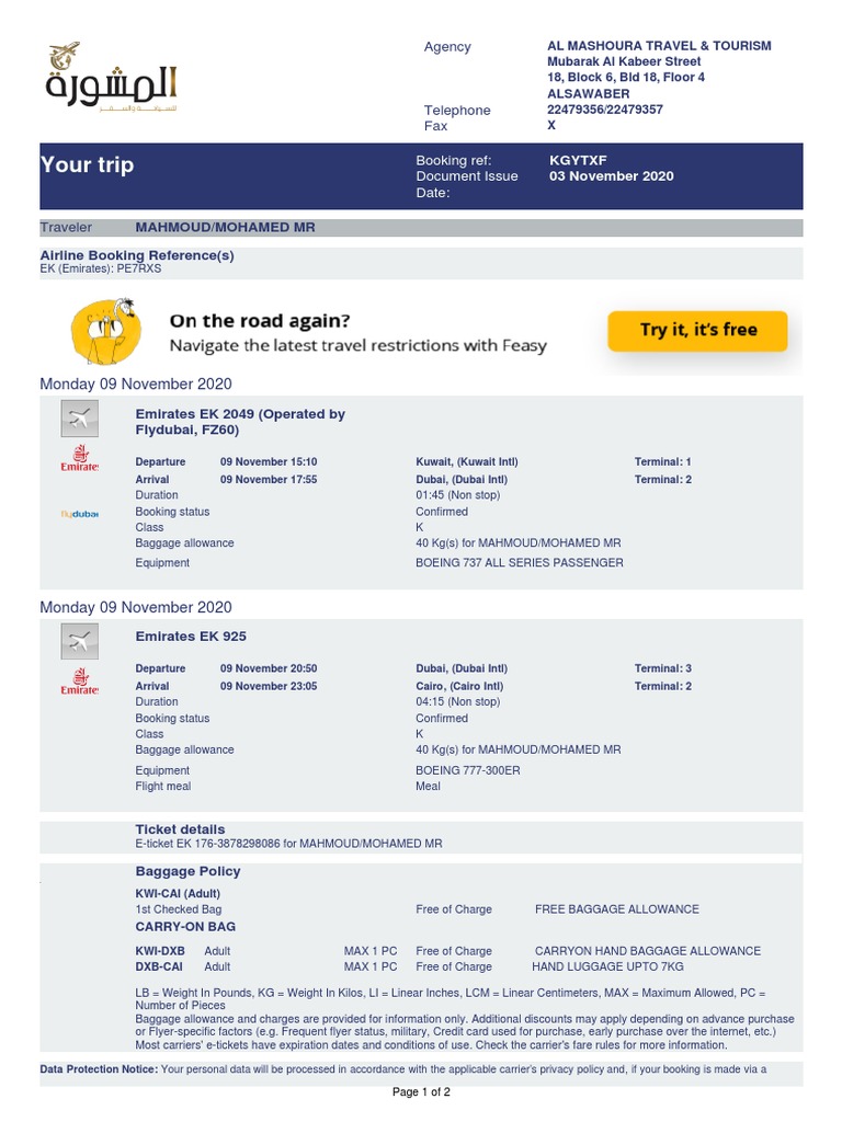 Your Trip: Mahmoud/Mohamed MR Airline Booking Reference(s) | PDF
