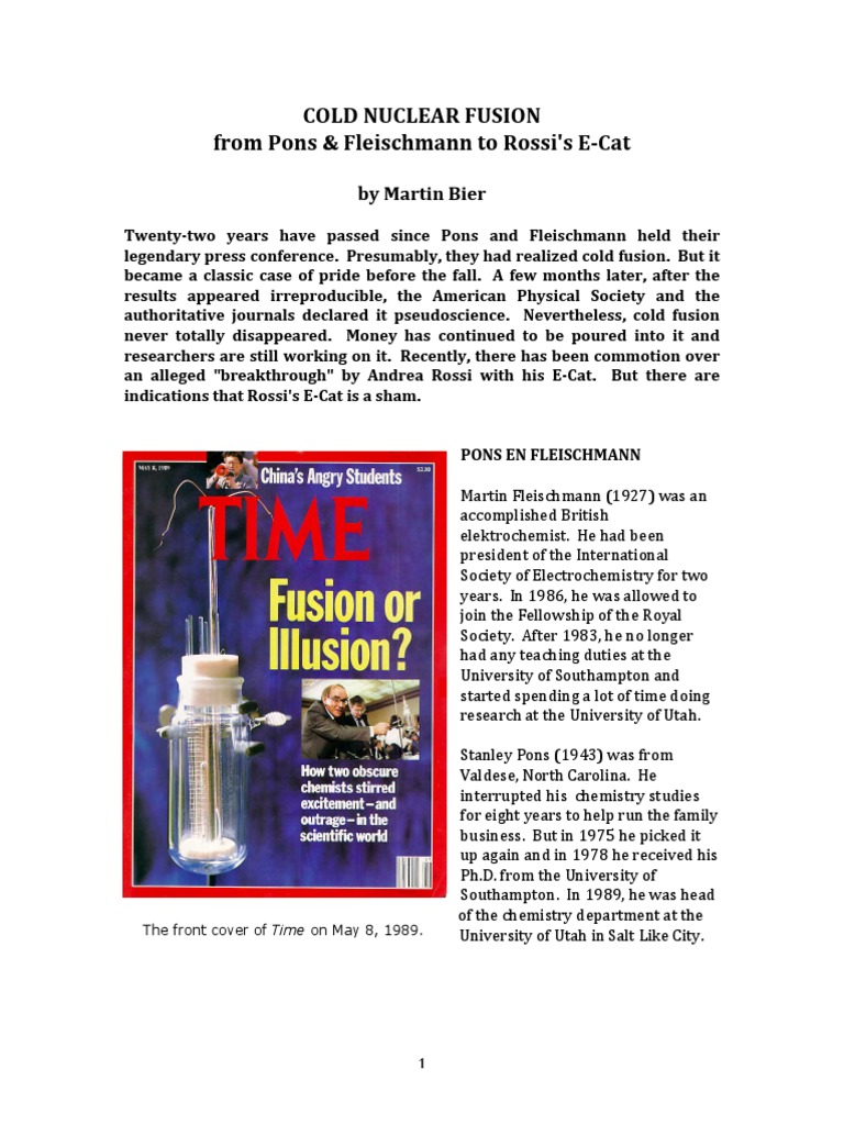 Cold Nuclear Fusion From Pons & Fleischmann To Rossi's E - Cat | PDF ...