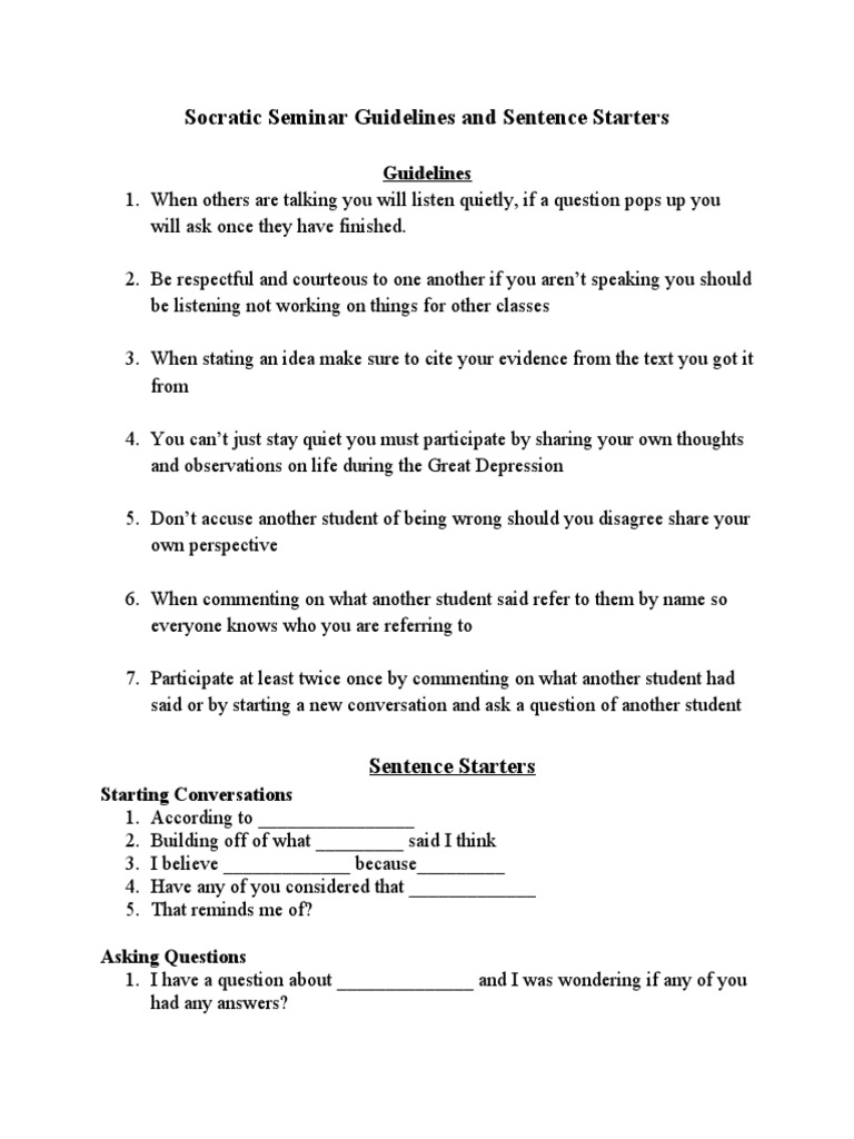 Socratic Seminar Guidelines & Starters | PDF