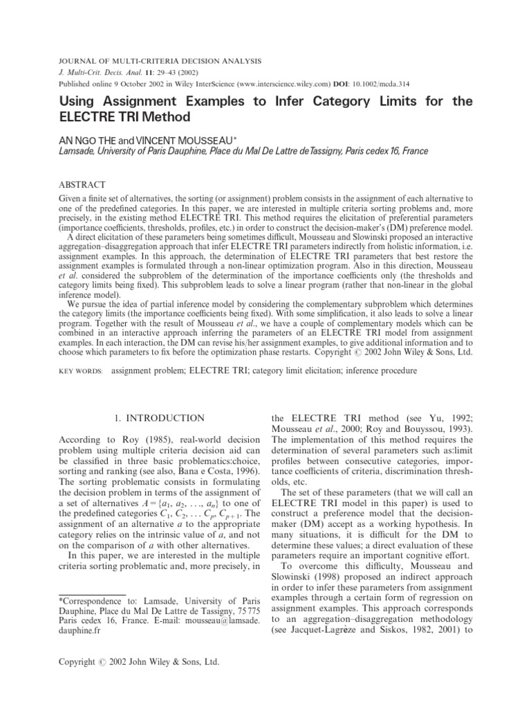 Using Assignment Examples To Infer Category Limits For The Electre Tri Method | PDF | Analysis ...
