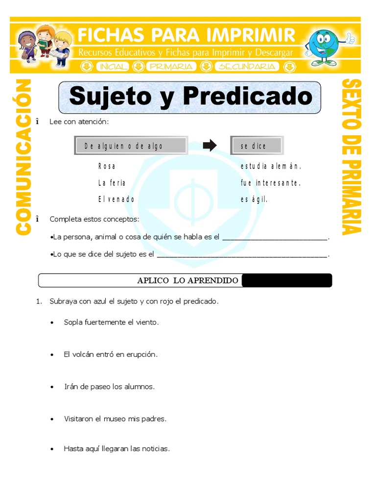 Ficha Sujeto y Predicado Ejemplos para Sexto de Primaria | PDF