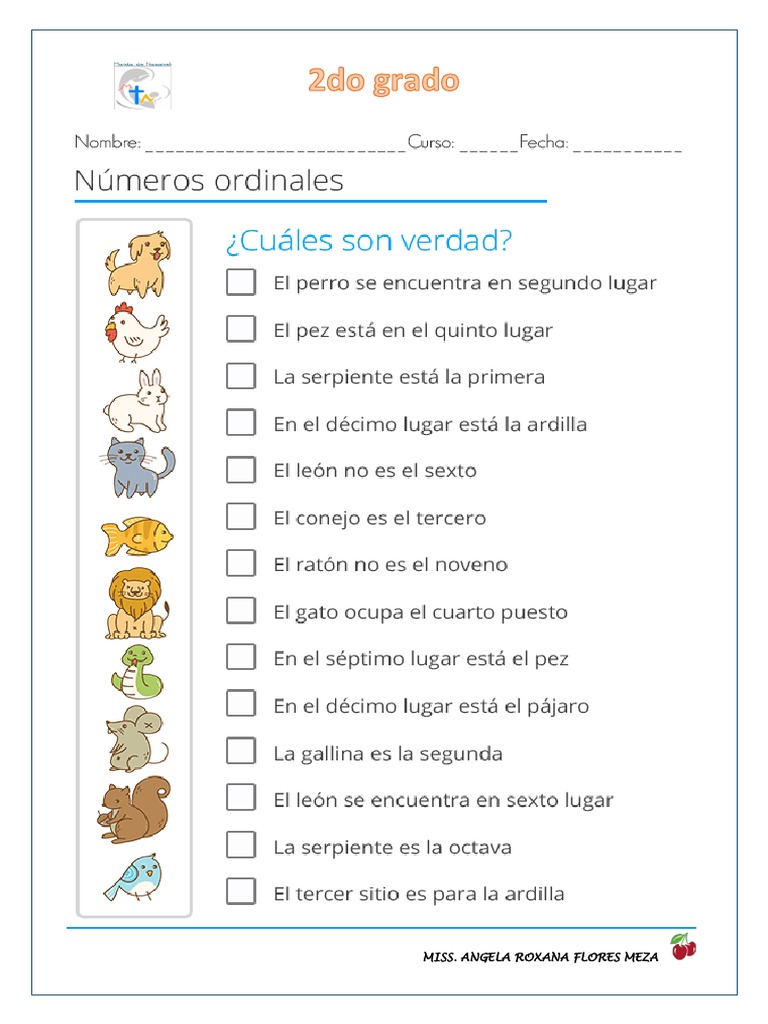Ficha de Ampliacion de Numeros Ordinales Segundo Grado | PDF