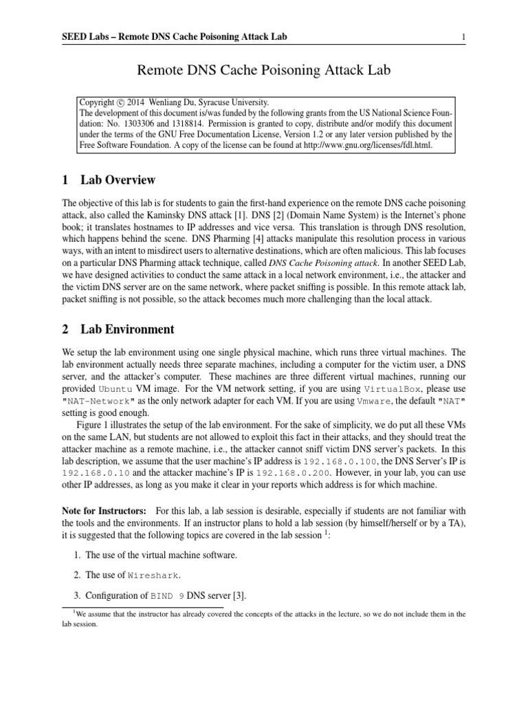 Remote DNS Cache Poisoning Attack Lab | PDF | Domain Name System | Networking Standards
