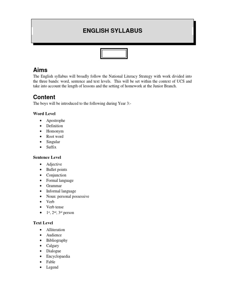 English Syllabus: Year 3 | PDF | English Language | Literacy