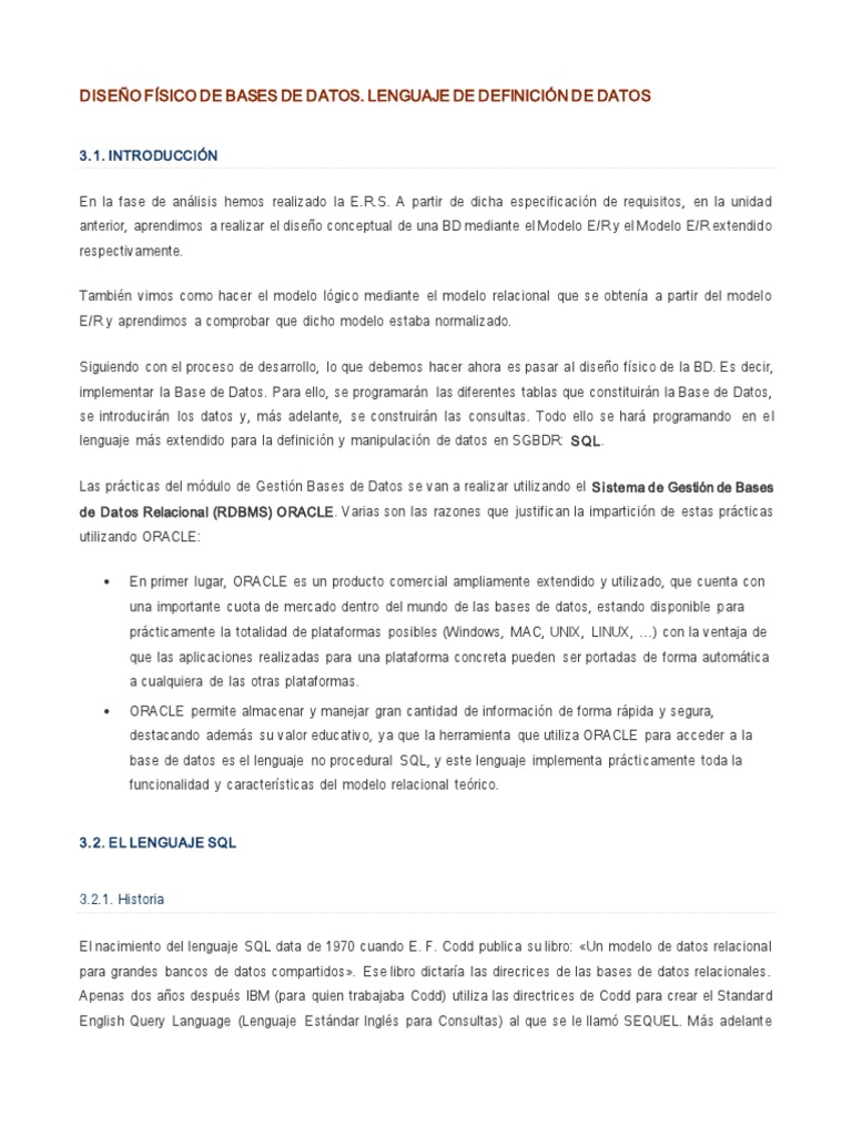 Diseño Físico de Bases de Datos-Lenguaje de Definición de Datos | Descargar gratis PDF | SQL ...