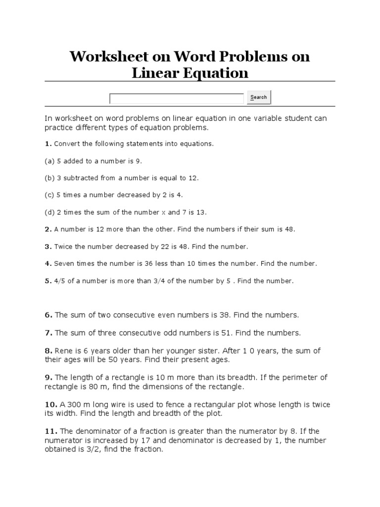 Worksheet On Word Problems On Linear Equation MATH 7 4TH MID | PDF ...