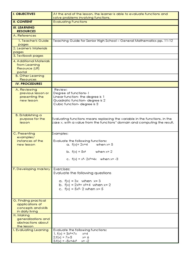Lesson Plan Evaluating Functions Pdf Function Mathematics Lesson Plan