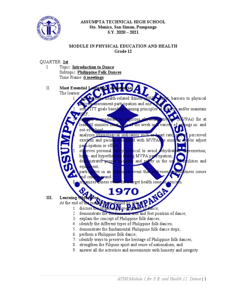 Grade 12 PE Module: Philippine Folk Dance | PDF | Dances | Folk Music