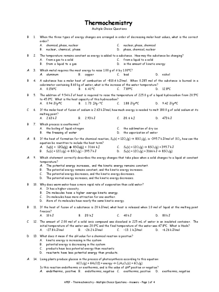 Thermochemistry: APEF - Thermochemistry - Multiple Choice Questions - Answers - Page 1 of 4 ...