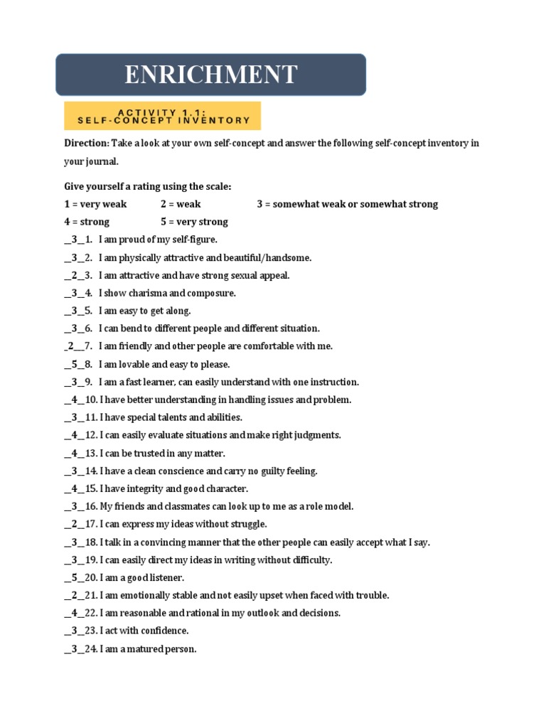 Enrichment Activity: Direction: Take A Look at Your Own Self-Concept ...