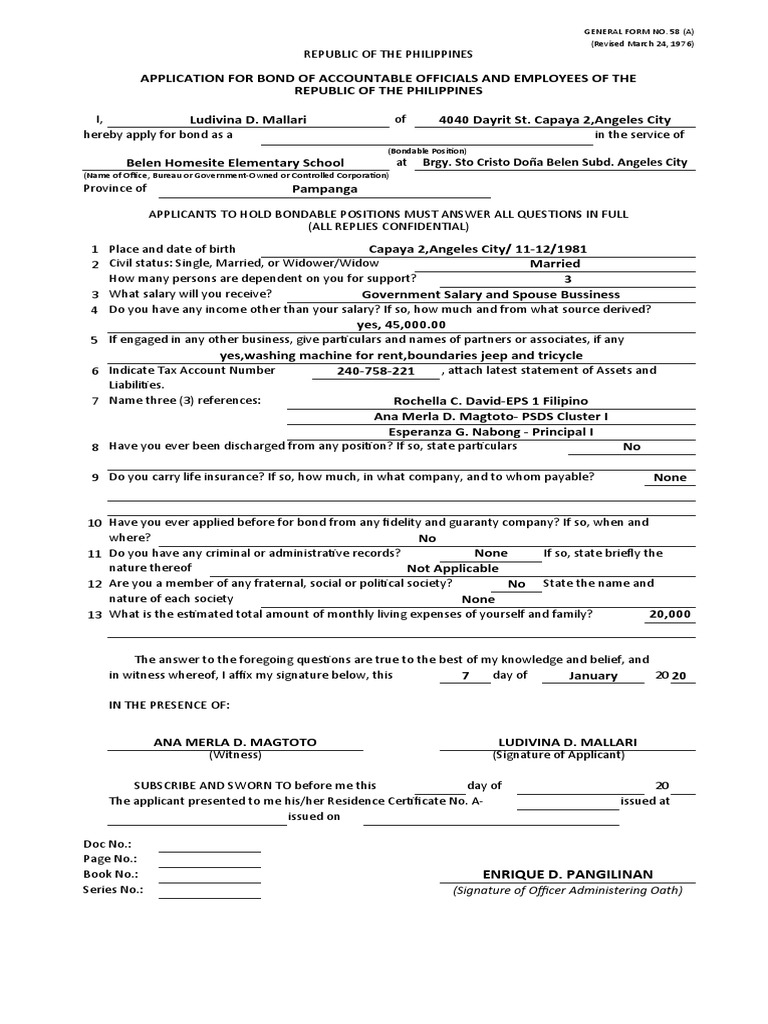 Brgy. Sto Cristo Doña Belen Subd. Angeles City: General Form No. 58 (A ...