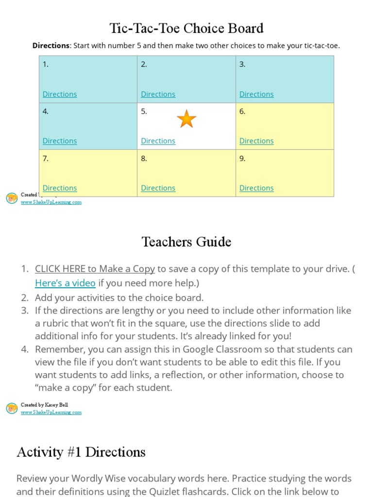 Gregory - Interactive Tic-Tac-Toe Menu Choice Board For Vocabulary ...