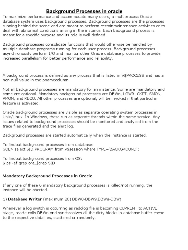Background Processes in Oracle | PDF | Process (Computing) | Database ...