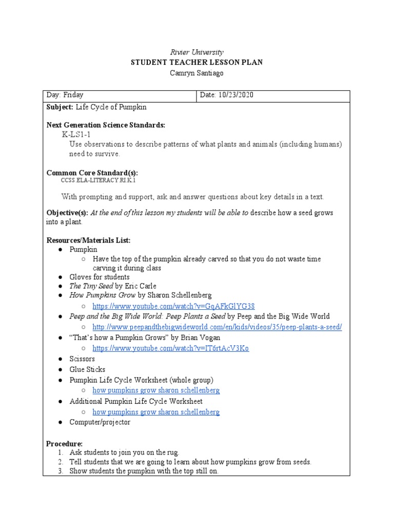 Life Cycle of A Pumpkin Lesson Plan | PDF | Cognition | Learning