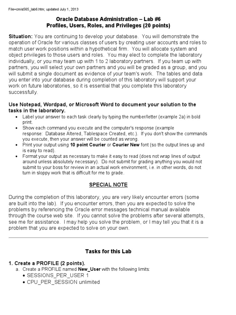 Lab#6 Profiles, Users, Roles, and Privileges | PDF | Table (Database) | Databases