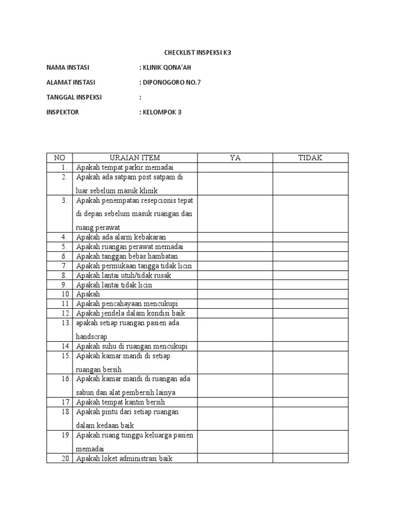 CHECKLIST INSPEKSI K3 (Tya) | PDF