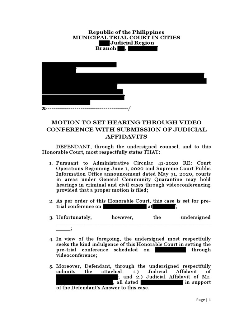 Motion for Video Conference Hearing | PDF | Public Sphere | Courts