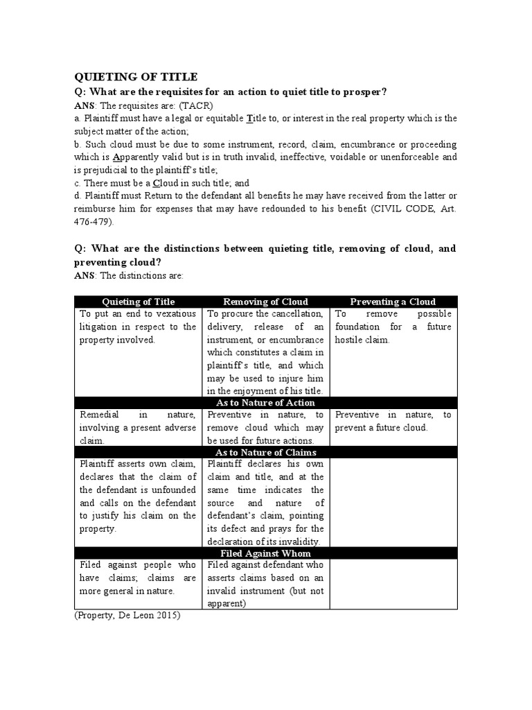 Quieting of Title: Q: What Are The Requisites For An Action To Quiet ...