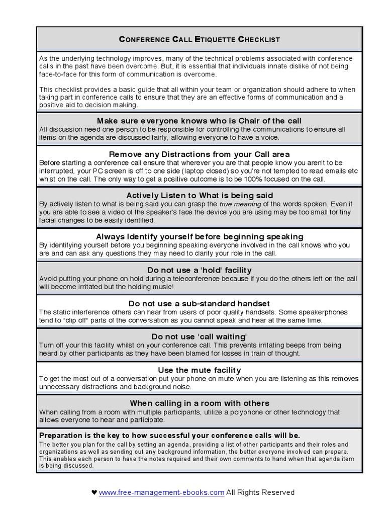 Fme Conference Call Checklist | PDF | Conference Call | Human Communication